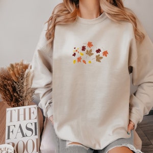 Embroidered Falling Leaves Sweatshirt, Fall Leaves Crewneck, Autumn ...