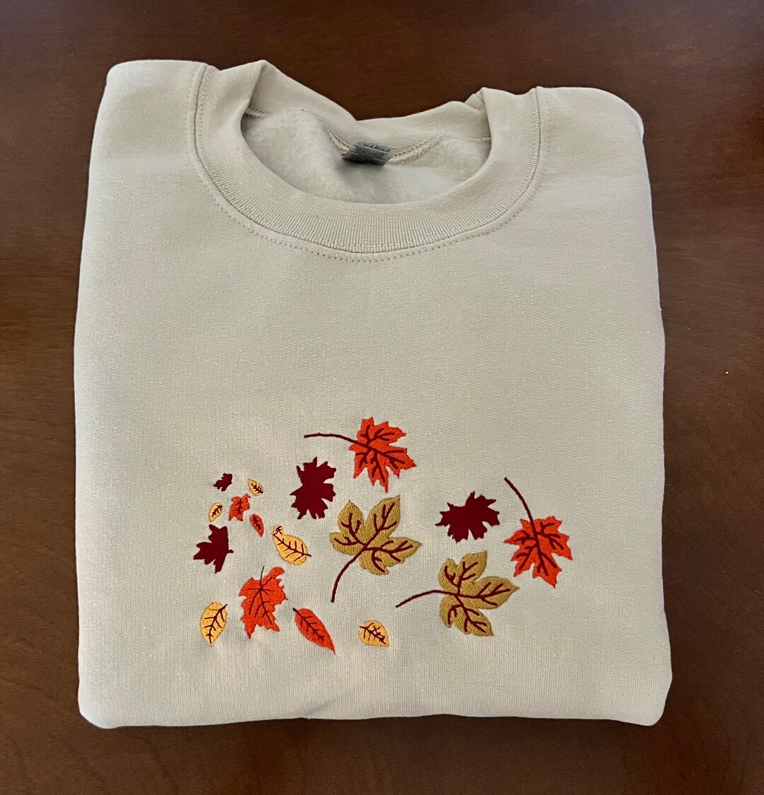 Embroidered Falling Leaves Sweatshirt, Fall Leaves Crewneck, Autumn ...