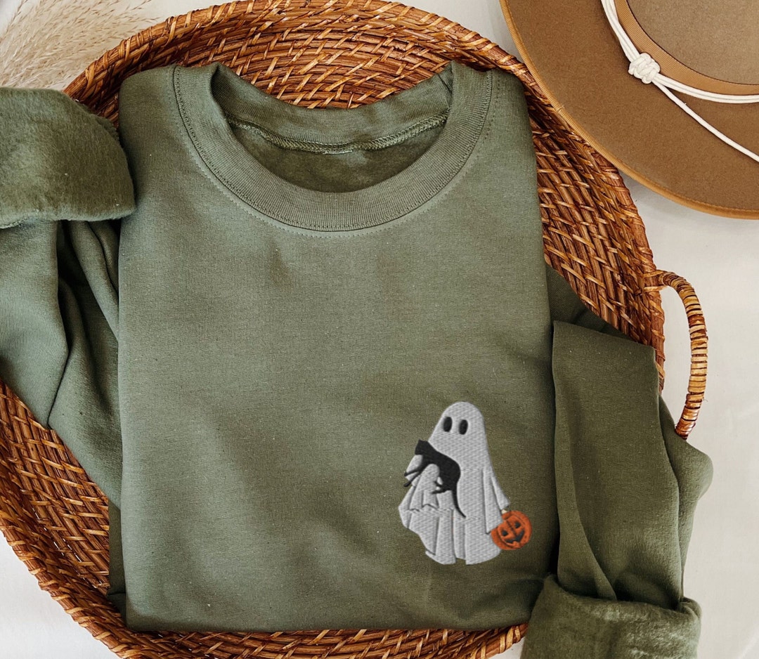 Cute Halloween Sweatshirt Embroidered, Ghost With Cat Halloween ...