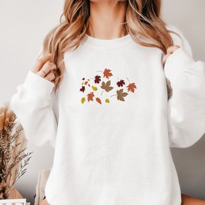 Embroidered Falling Leaves Sweatshirt, Fall Leaves Crewneck, Autumn ...