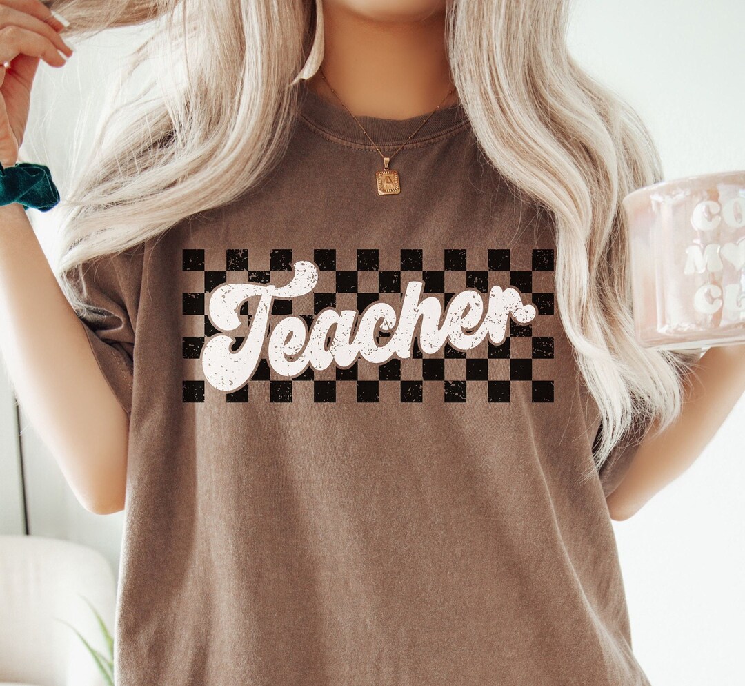 Checkered Teacher Shirt, Comfort Colors Retro Teacher Crewneck ...