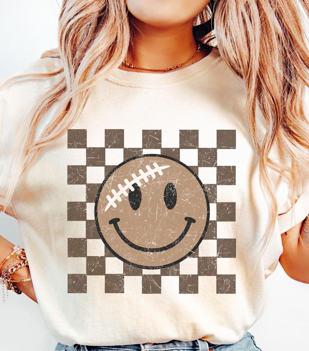 Checkered Football Smiley Face Shirt, Comfort Colors Football Tshirt ...