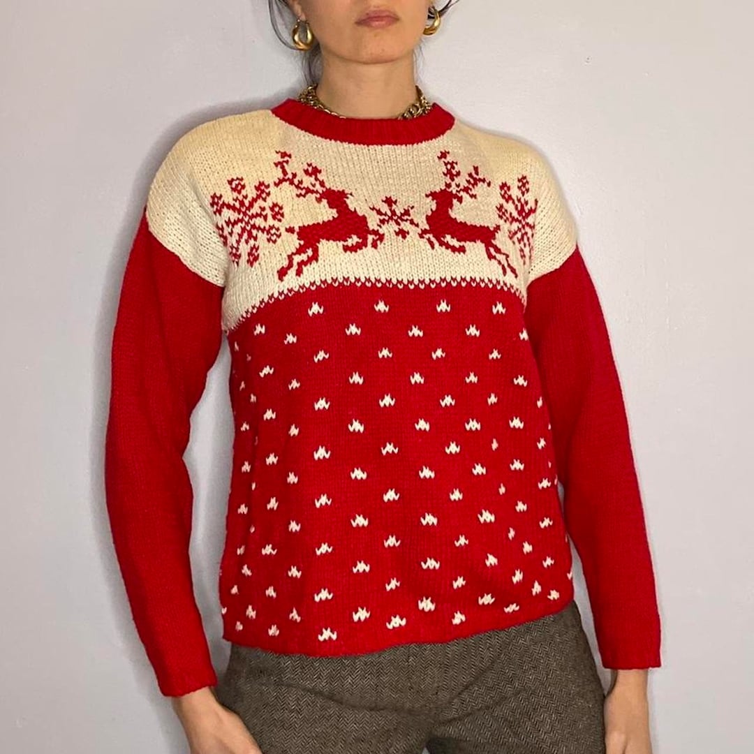 Red & White Knit Christmas Sweater With Deer - Etsy