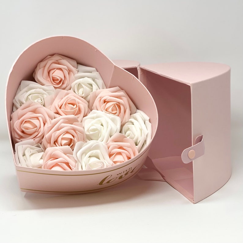 Pink Heart Shaped Gift Box With Pink and White Artificial Roses - Etsy