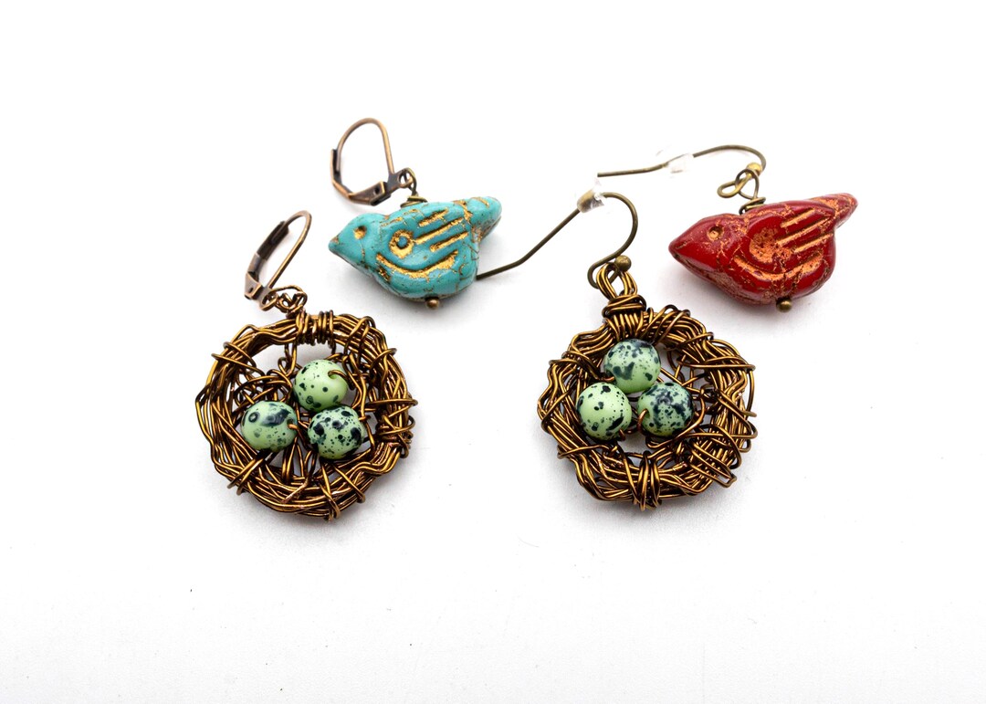 Mismatched Bird Earrings: Cardinal, Bluebird & Nest - Czech Beads - Etsy