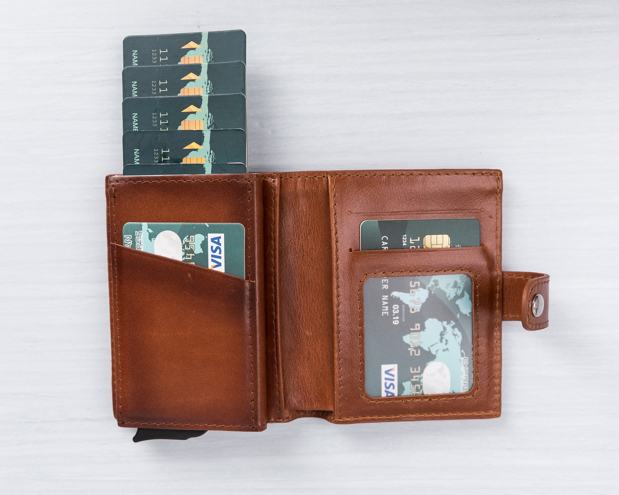 Leather Pop up Wallet, Minimalist RFID Blocking Mechanical Card Holder ...