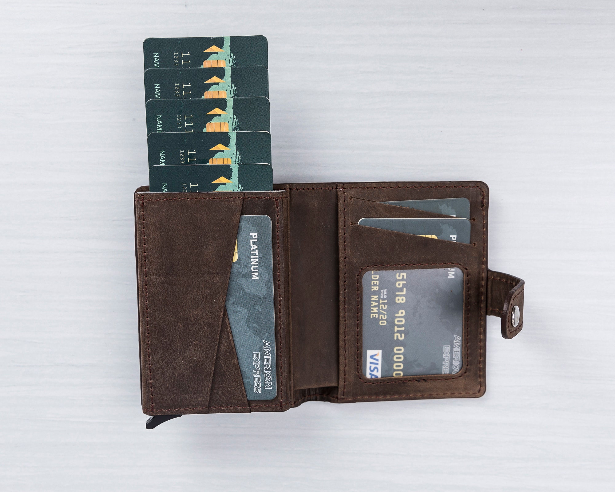 Leather Pop up Wallet, Minimalist RFID Blocking Mechanical Card Holder ...