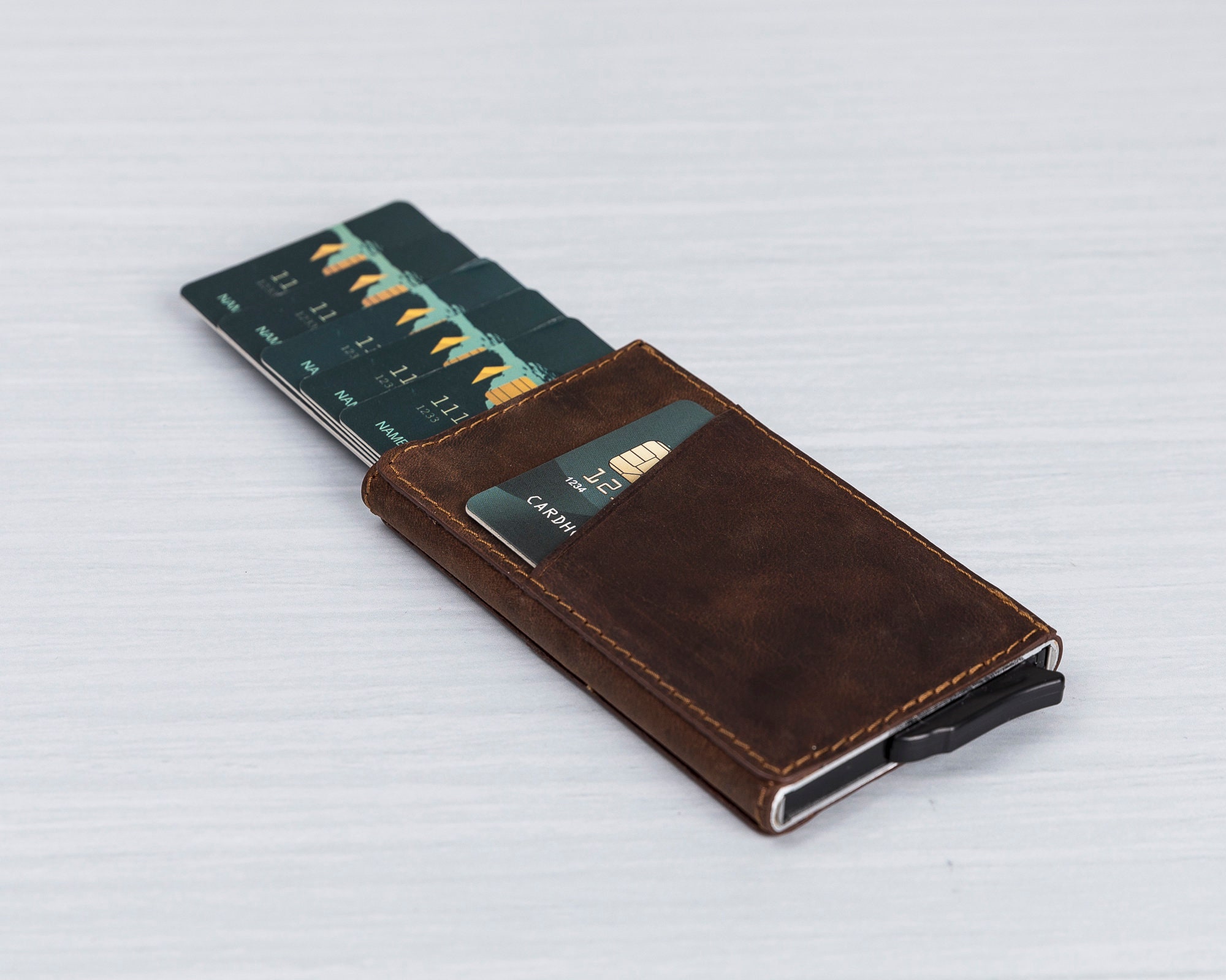 Leather Pop up Wallet, RFID Blocking Mechanical Card Holder, Mini ...