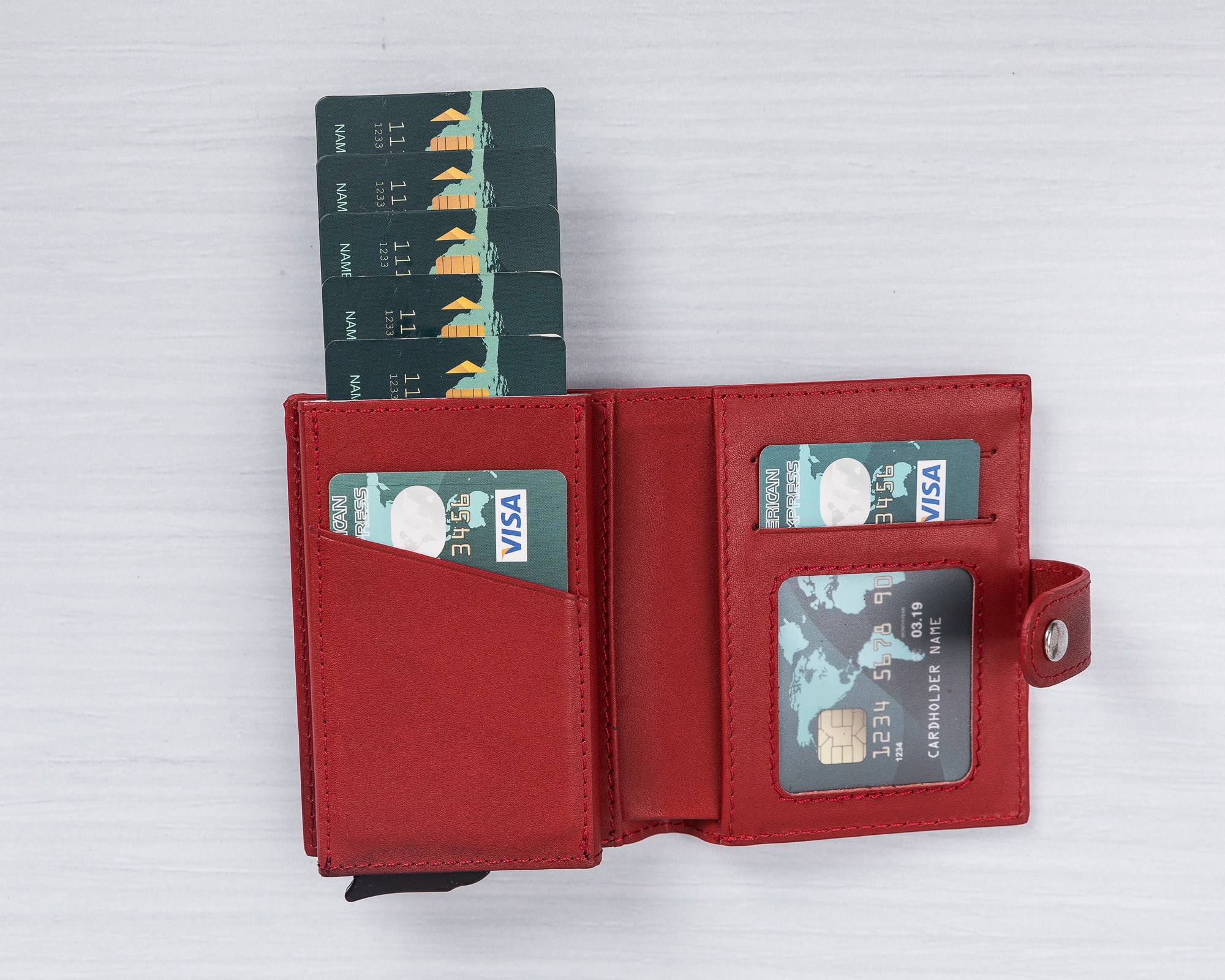 Leather Pop up Wallet, Minimalist RFID Blocking Mechanical Card Holder ...