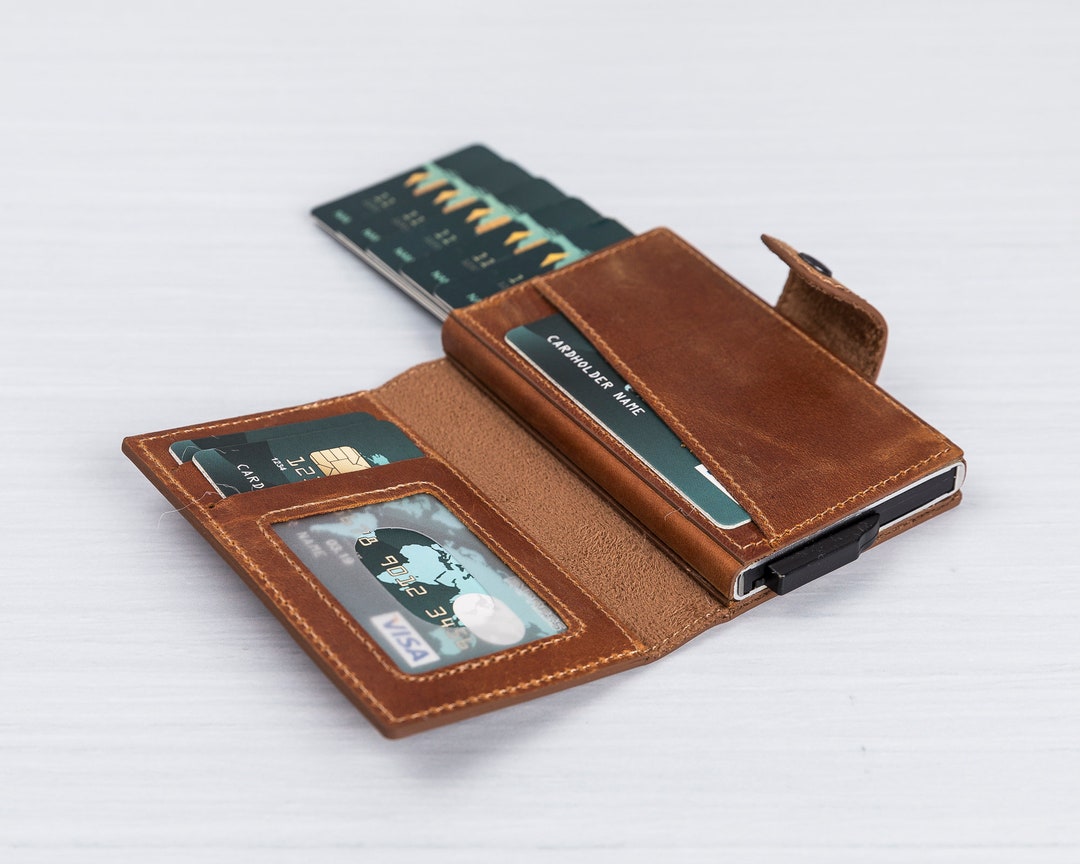 Personalized Leather Pop up Wallet RFID Blocking Mechanical - Etsy