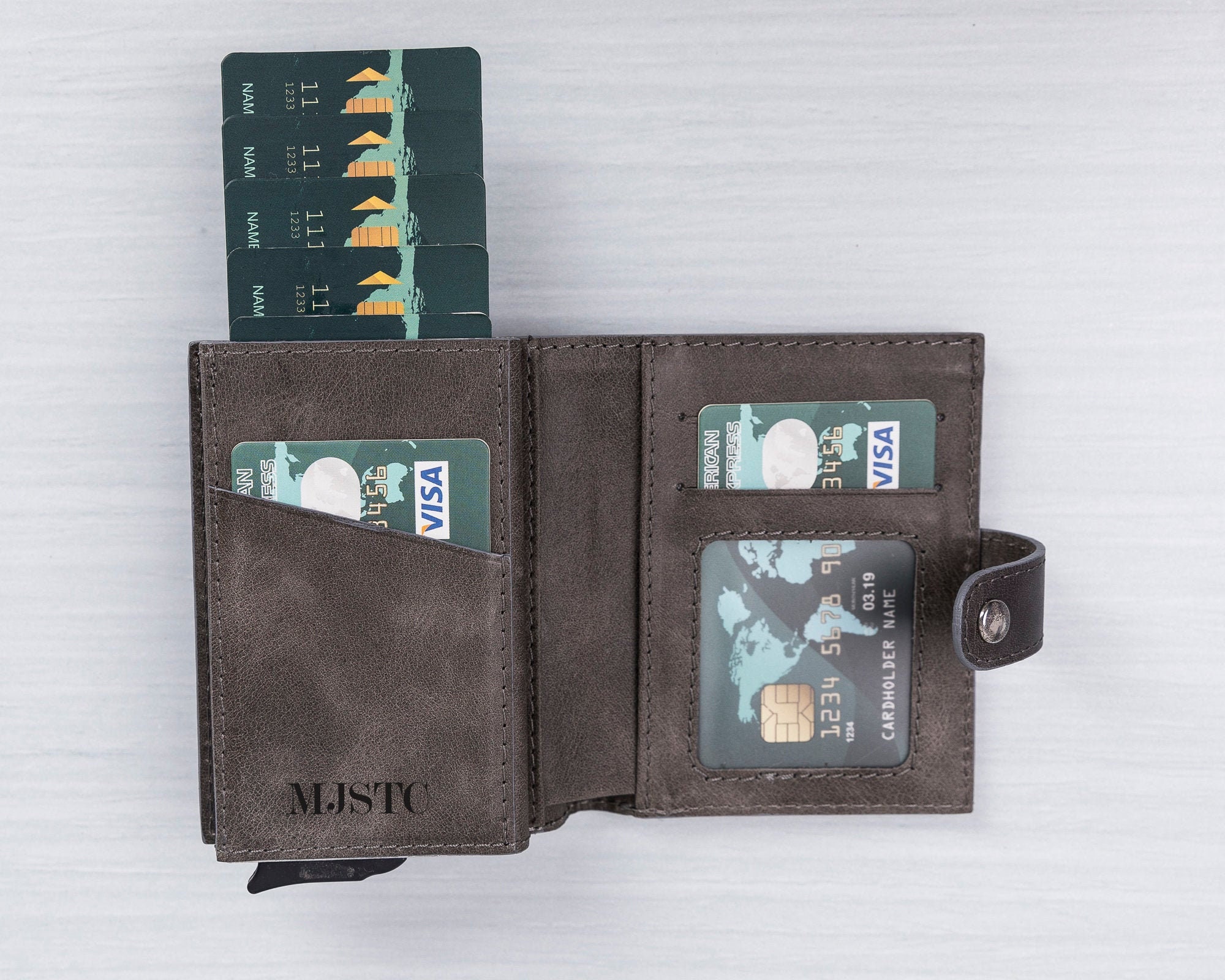 Leather Pop up Wallet, Minimalist RFID Blocking Mechanical Card Holder ...