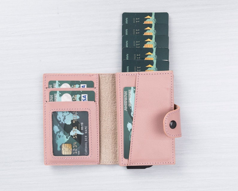 Custom Leather Pop up Wallet, RFID Blocking Mechanical Card Holder ...