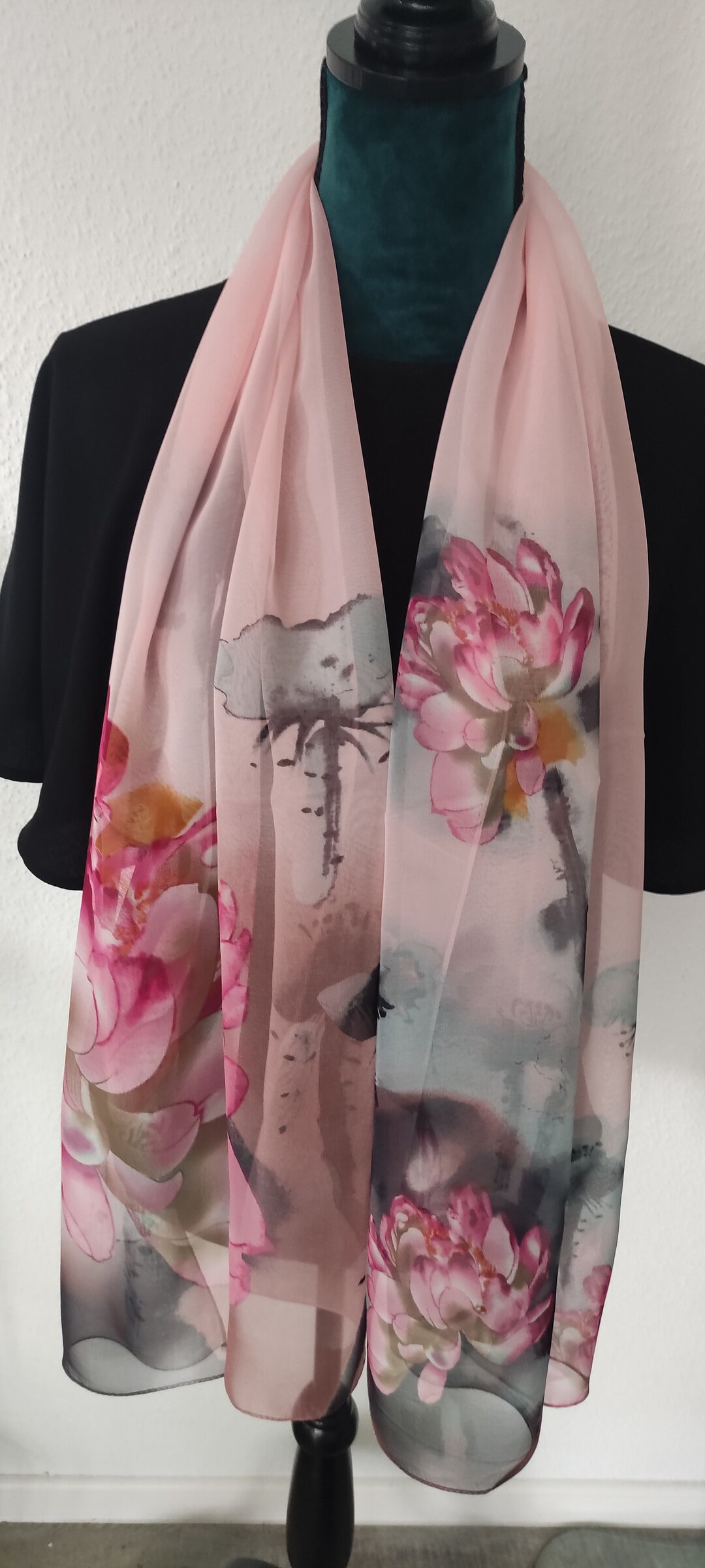 Lightly Falling Chiffon Scarf in Pink, Mint and Grey, Beautiful Pattern ...