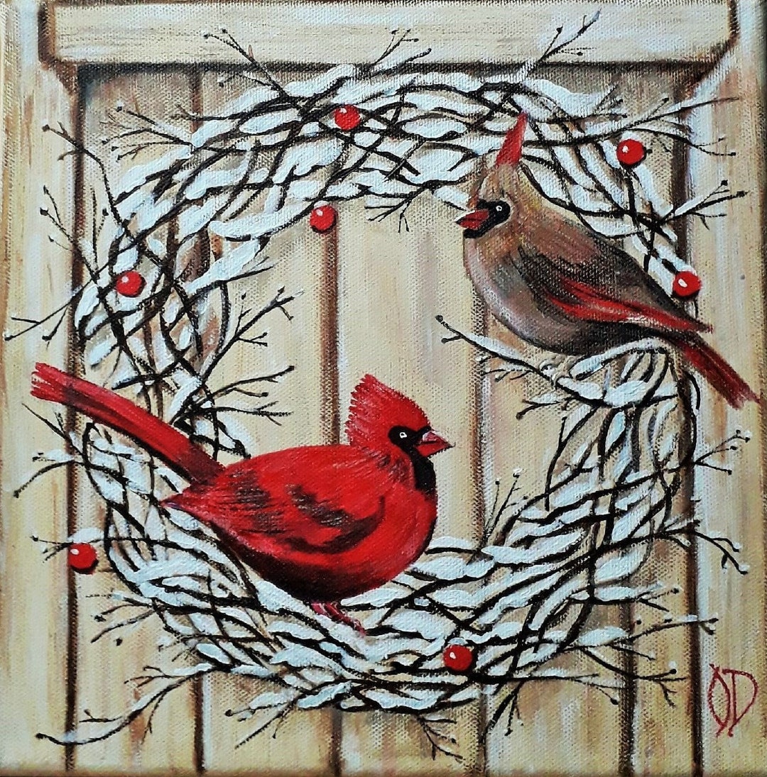 Red Cardinal Painting Couple of Birds Original Art Cardinals Canvas ...