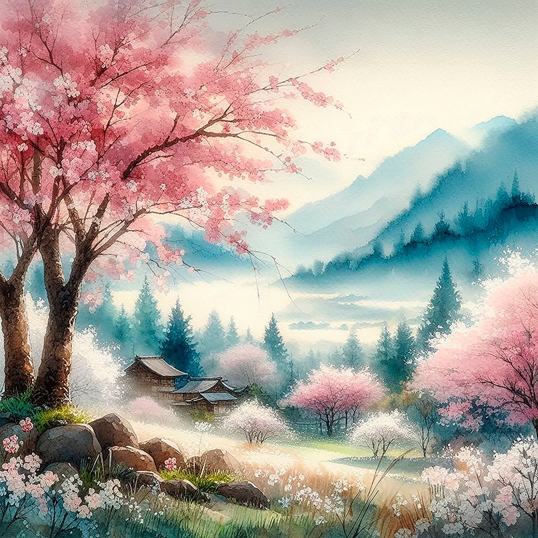 Blossom Tree Painting Sakura Watercolor Cherry Wall Art Japan Landscape ...