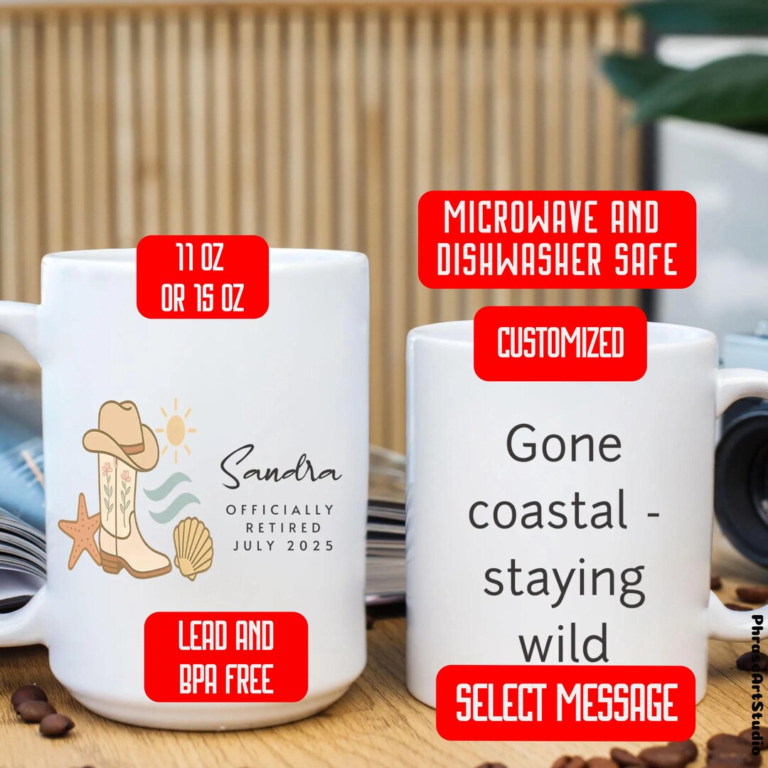 Coastal Cowgirl Beach Lover Retirement Mug, Custom Beach Themed Retired ...