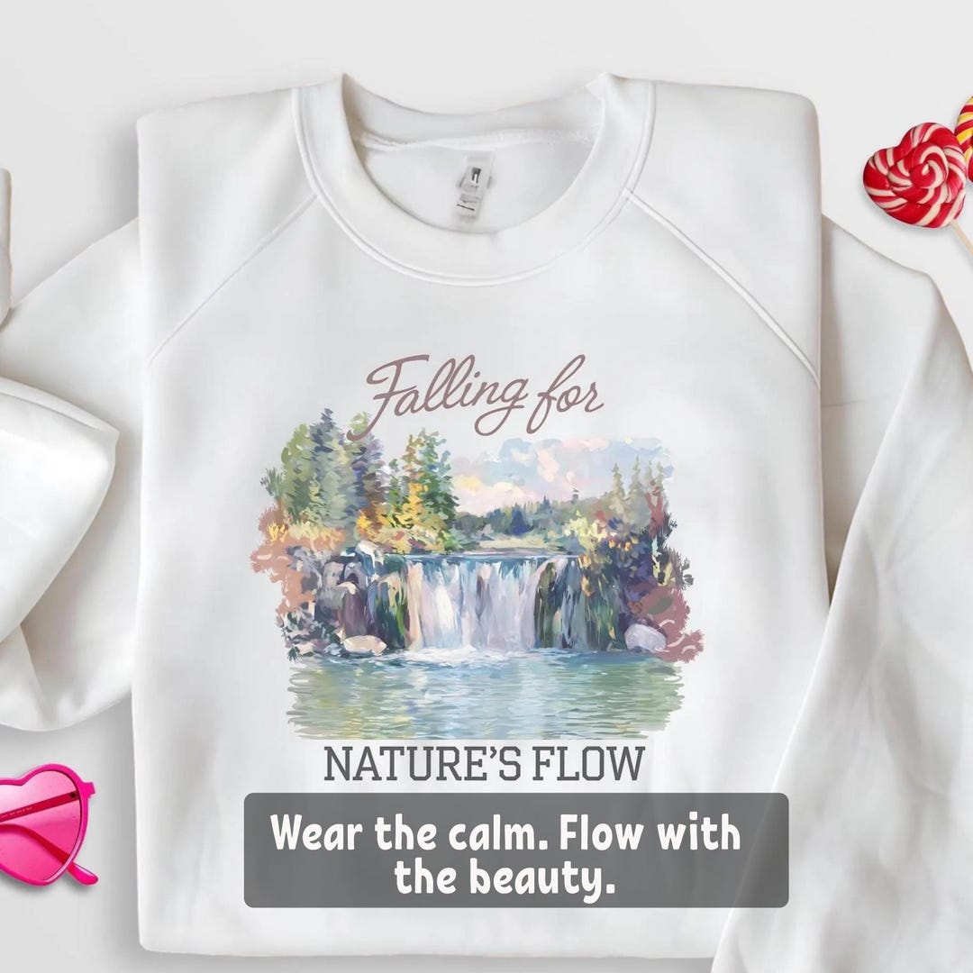 Nature 90s Retro Waterfall Scenic Crewneck, Cozy Hiking Shirt, Tranquil ...