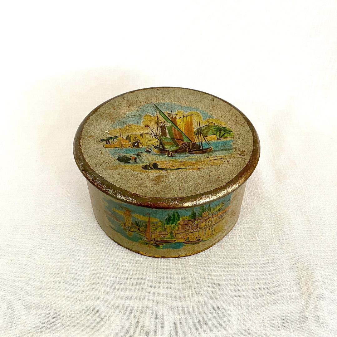 Round Vintage Metal Collectible Tin Box, Retro Tin Box, Metal Storage ...