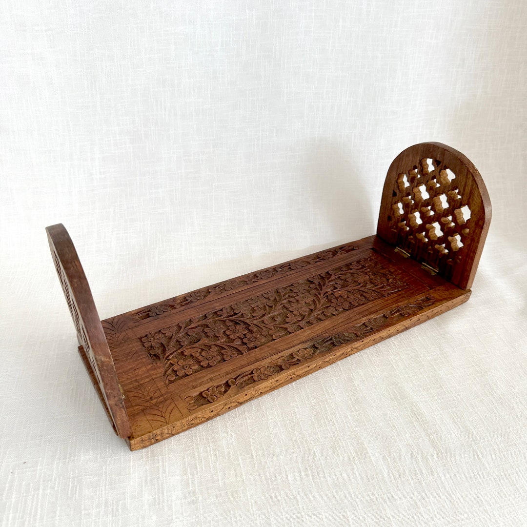70s Vintage Carved Wood Book Rack, Expandable Bookshelf Stand, Boho ...