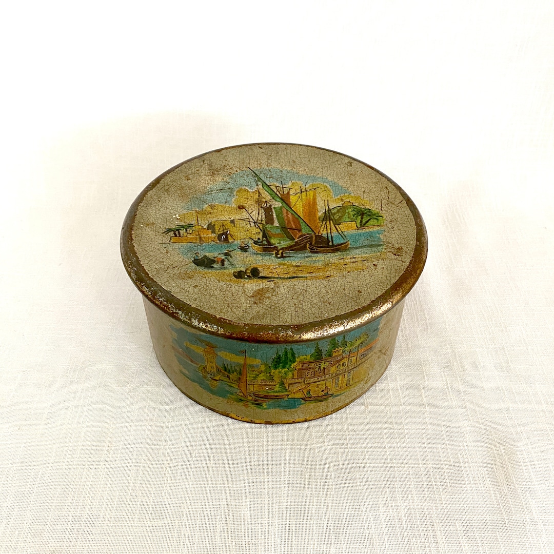 Round Vintage Metal Collectible Tin Box, Retro Tin Box, Metal Storage ...