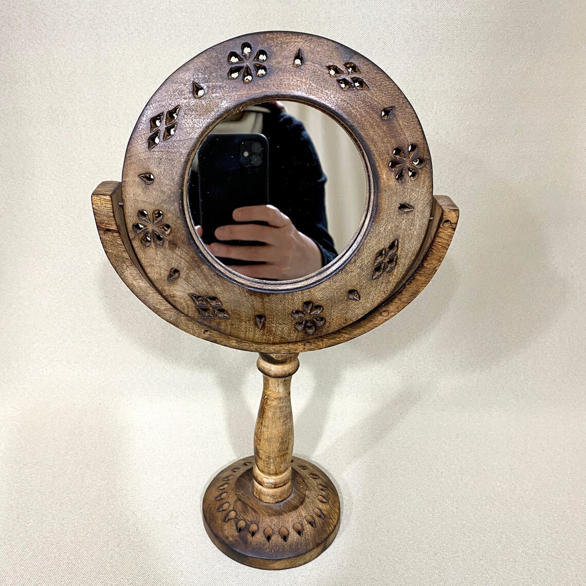 Vintage Wooden Carved Mirror Handicraft Wood Rotatable | Etsy