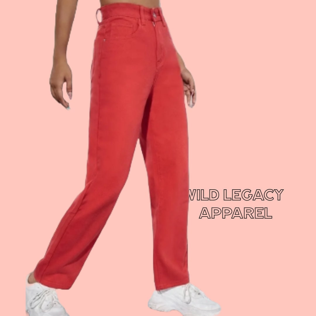 RED High Waist Straight Leg Jeans Solid Color Zipper Button - Etsy