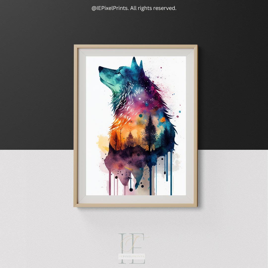 Watercolor Wolfwall Art, Colorful Wolf Poster Gift Animals Decor ...