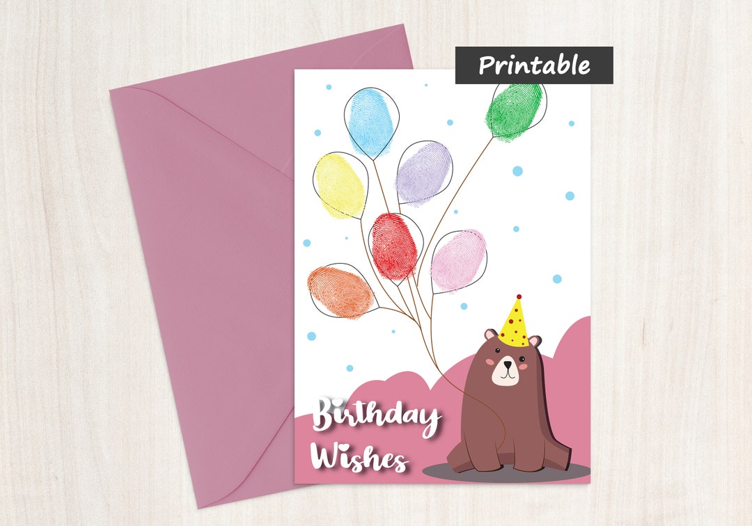 Balloon Birthday Wishes Card - Digital Download - Children's Bear and ...