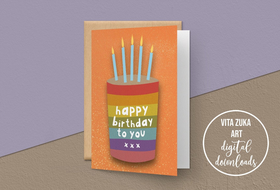 Printable Birthday Card, Birthday Cake Digital Card, Rainbow Cake ...