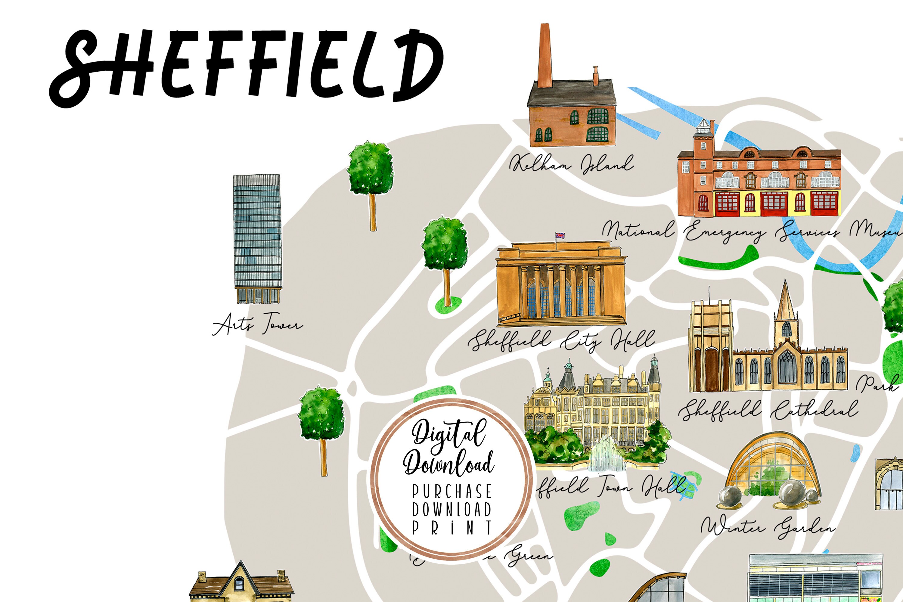 Sheffield Illustrated Map - Digital Download | Printable City Art, UK ...