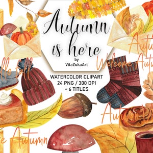 Autumn Clipart Watercolor, Autumn Clipart Set, Fall PNG Pack, Hello ...