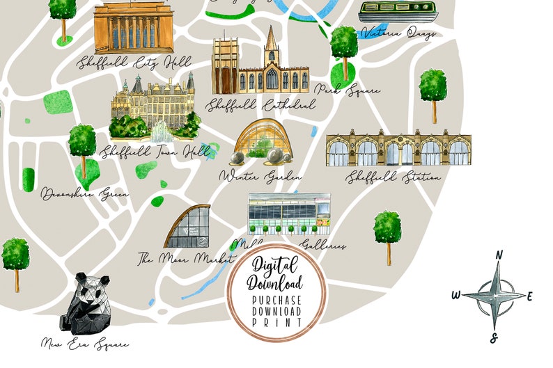 Sheffield Illustrated Map - Digital Download | Printable City Art, UK ...