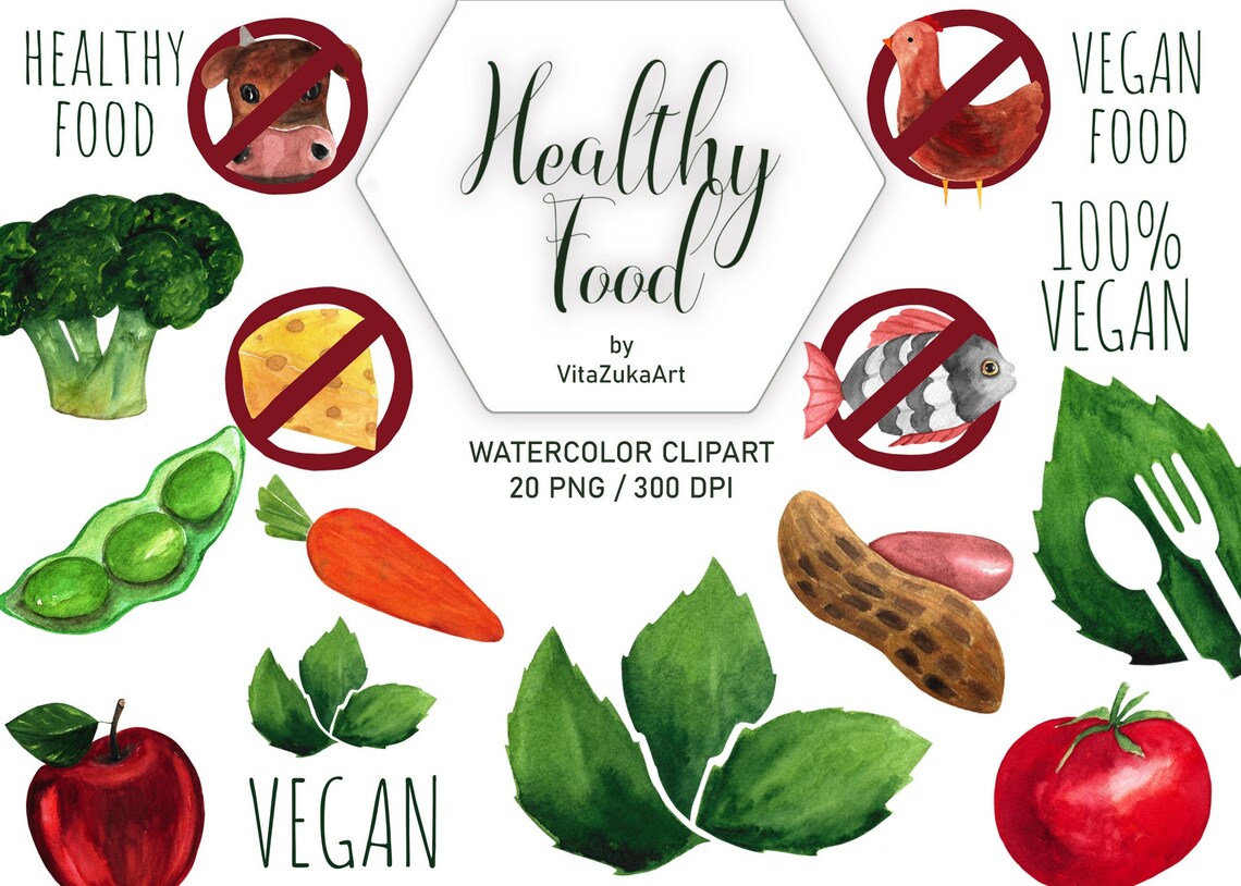 Healthy Food Clipart Set, Vegan Watercolor Clipart, Vegan Food PNG Pack ...