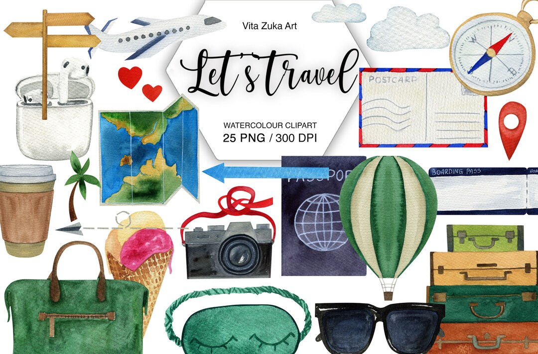 Watercolor Travel Clipart, Holiday PNG Set, Tourism Clipart, Planner ...