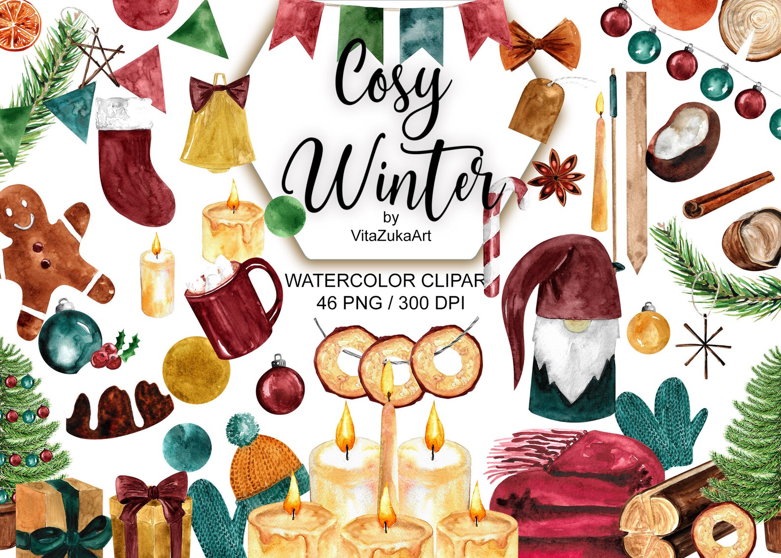 Winter Clipart Watercolor, Winter Clipart Set, Cosy Winter PNG Pack ...