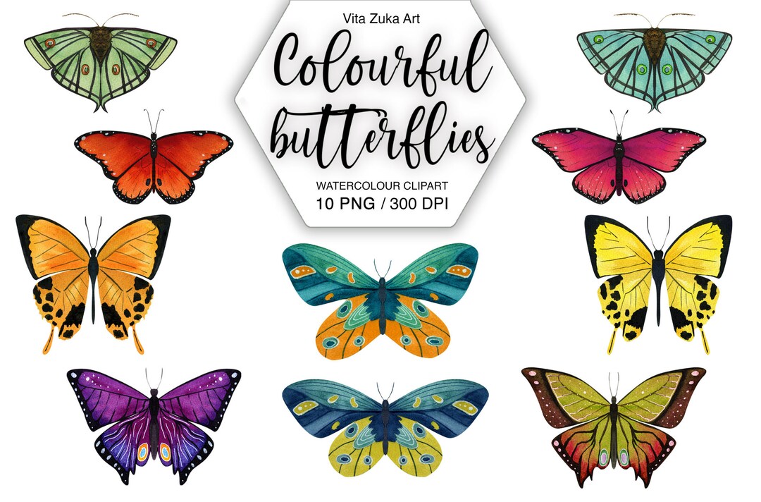 Watercolor Butterflies Clipart: PNG Set for Scrapbooking (digital ...