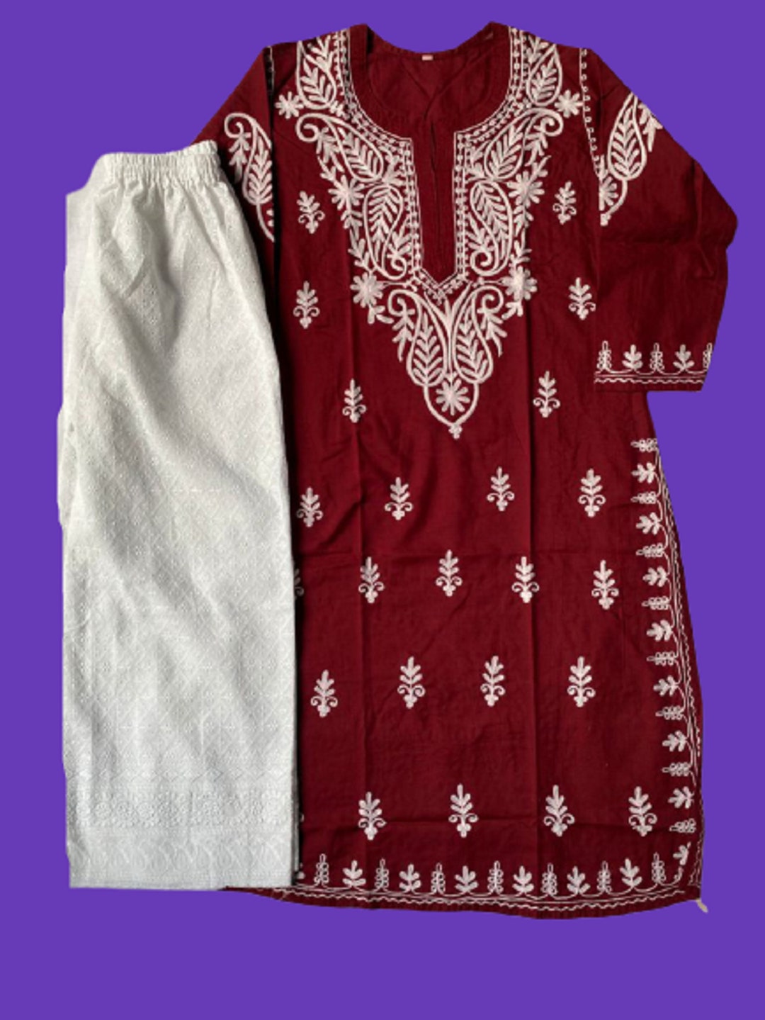 Beautiful Dark Red Women Chikan Embroidery Pure Cotton Straight Kurta ...