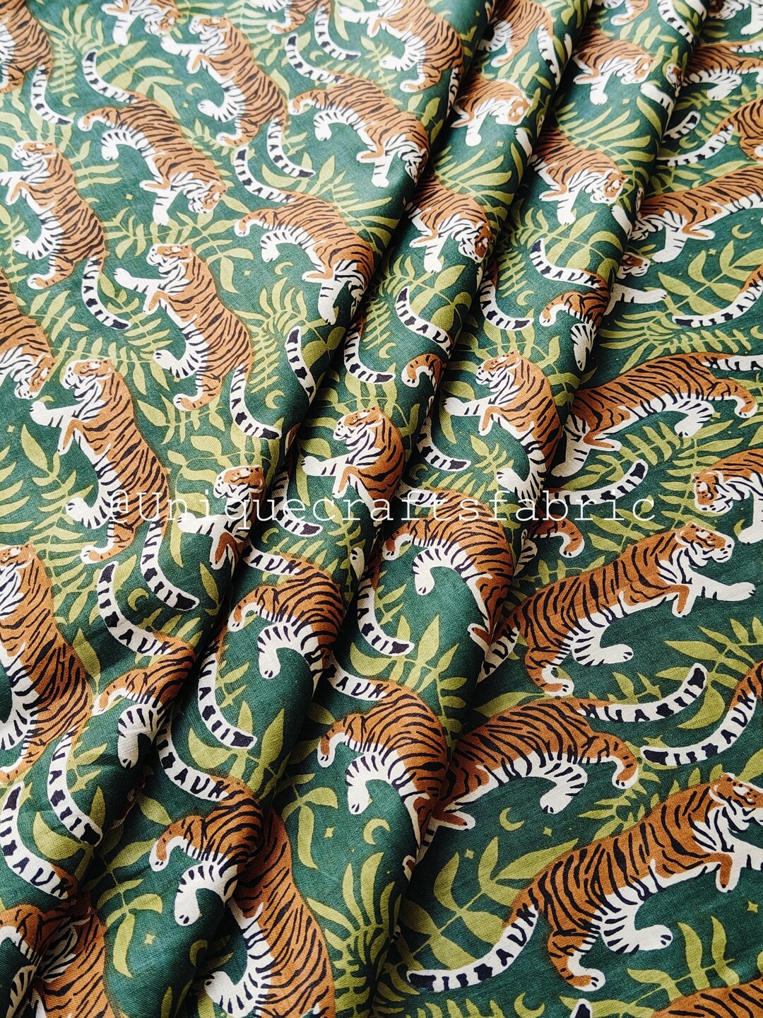 Green Tiger Print Cotton Fabric by the Yard, Indian Cotton Dress Making ...