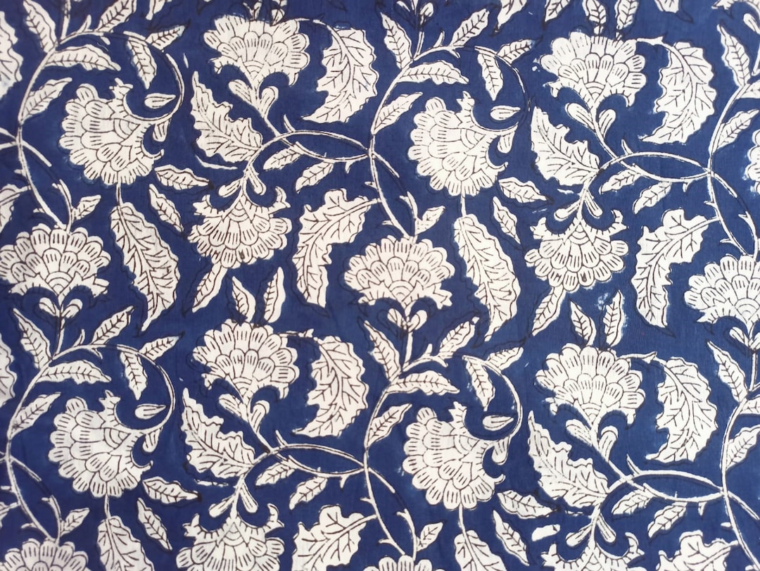 Hand Block Print Cotton Fabric: Blue Floral Fabric by the Yard - Etsy