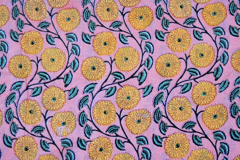 Orange Floral Print Cotton Fabric: Indian Hand Block Print - Etsy