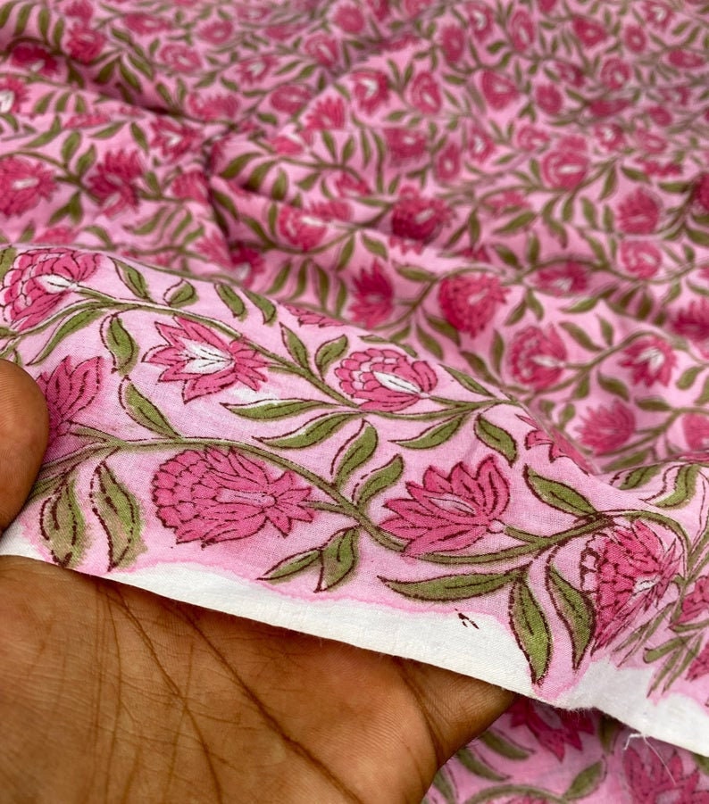 Pink Floral Cotton Fabric: Indian Block Print Fabric by the Yard - Etsy