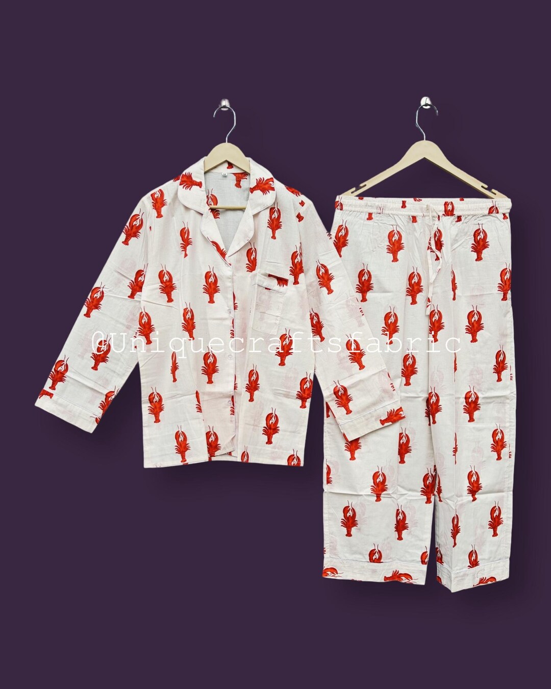 Handmade White Shrimp Print Pajama Set, Summer Pjs - Etsy Canada
