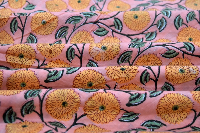 Orange Floral Print Cotton Fabric: Indian Hand Block Print - Etsy
