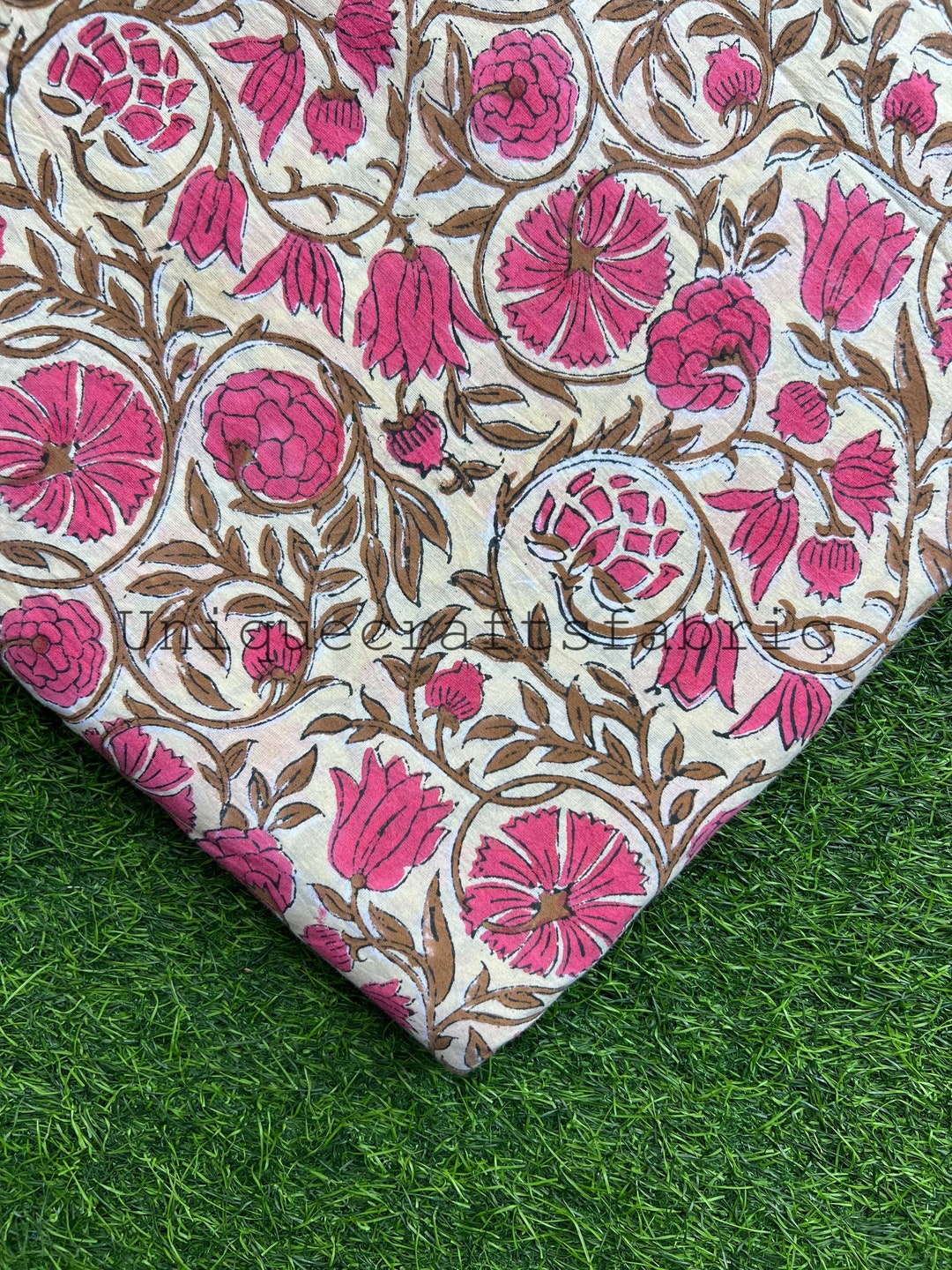 Pink Floral Print Cotton Fabric Indian Hand Printed Fabric Etsy