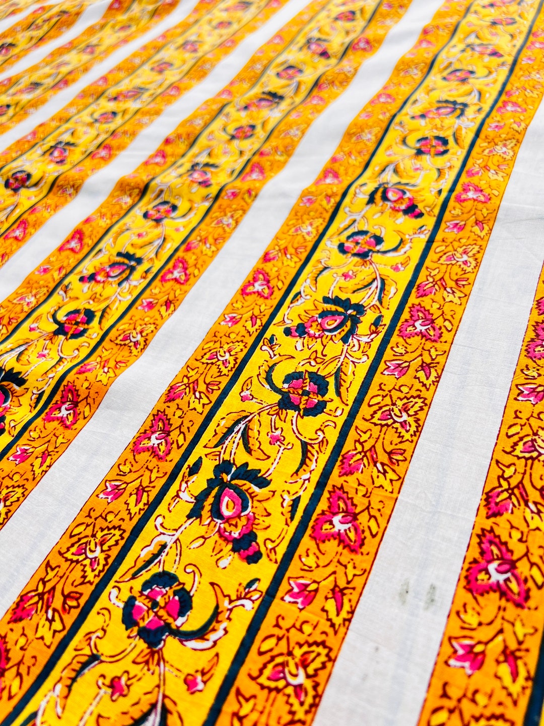 Yellow Floral Border Print Fabric, Indian Hand Block Print Soft Cotton ...