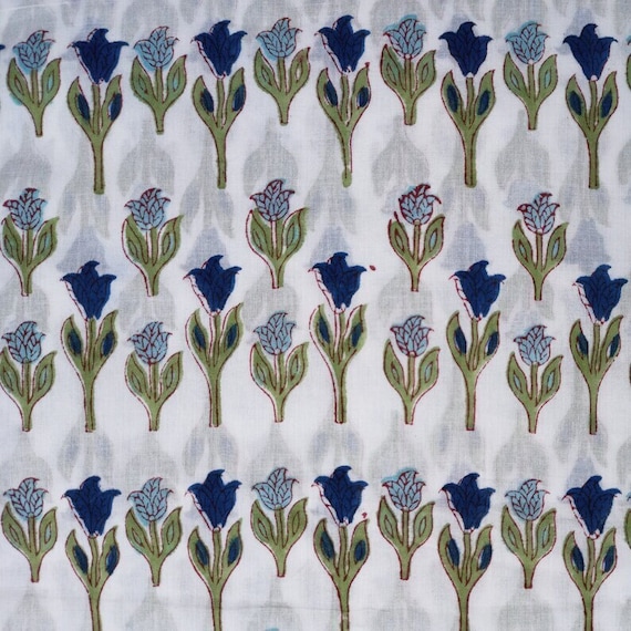 Blue Floral Print Fabric Cotton Fabric Block Print Fabric | Etsy