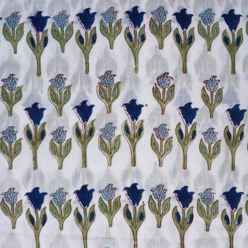 Blue Floral Print Fabric Cotton Fabric Block Print Fabric | Etsy