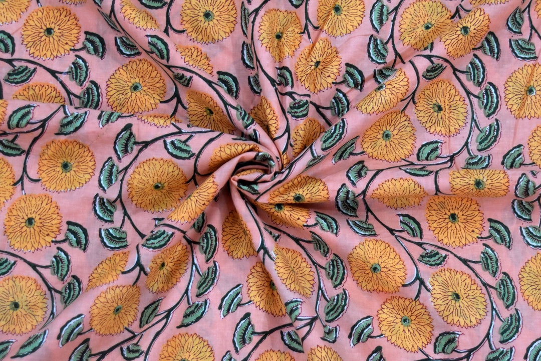 Orange Floral Print Fabric, Soft Cotton Fabric, Indian Hand Block Print ...