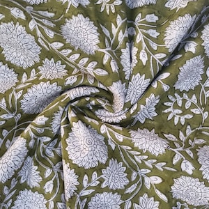 Green Floral Print Cotton Fabric, Block Print Fabric, Indian Cotton ...