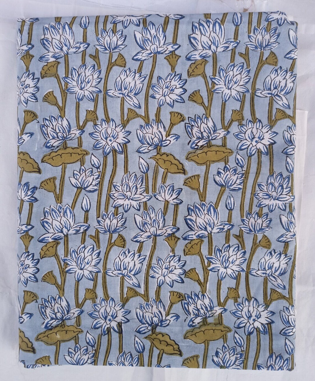 Blue Floral Hand Block Print Fabric, Indian Soft Cotton Fabric, Sewing ...